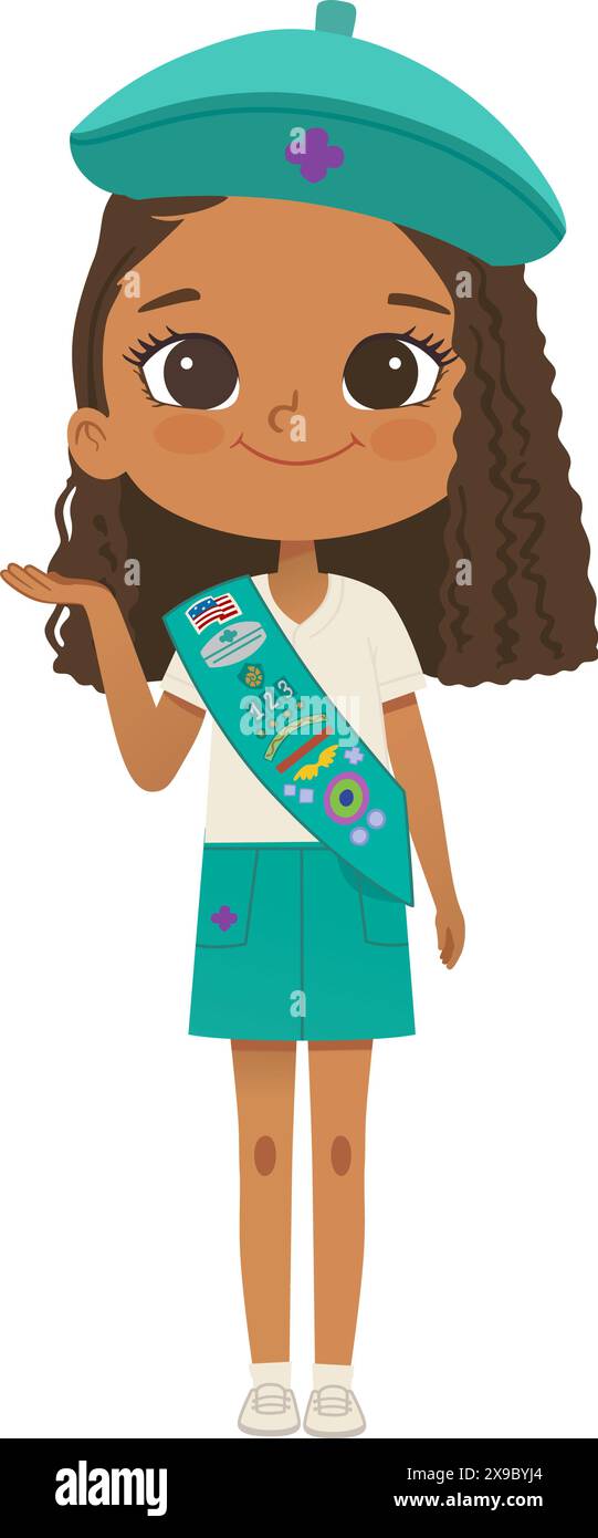 Smiling African American girl scout wearing sash with badges isolated ...