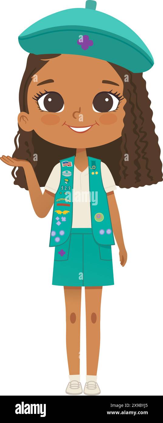 Smiling African American girl scout wearing vest with badges isolated ...