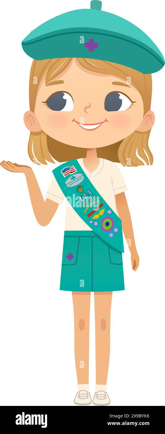 Young smiling blond girl scout wearing sash with badges isolated on ...