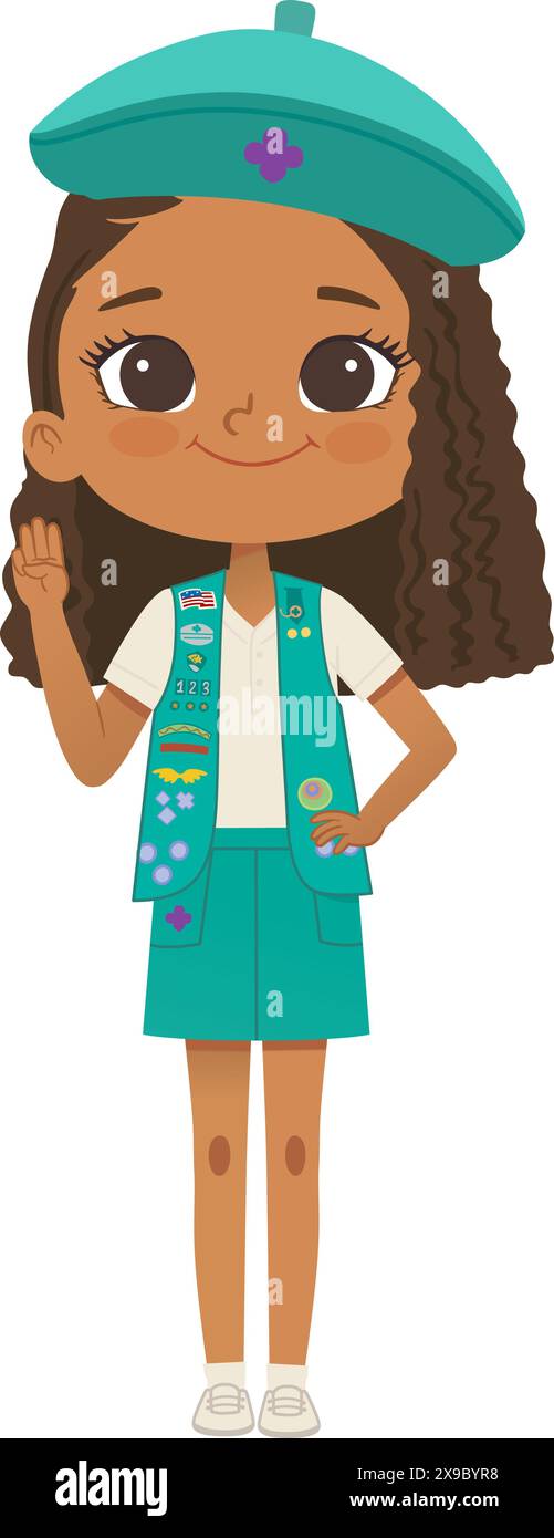 Smiling African American girl scout wearing vest with badges isolated ...