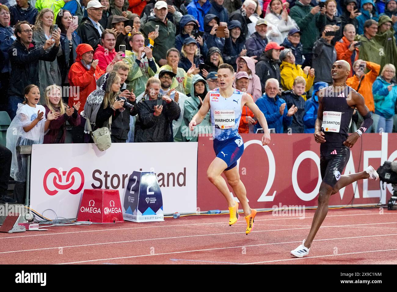 Oslo 20240530. Karsten Warholm and Alison Dos Santos from Brazil after ...