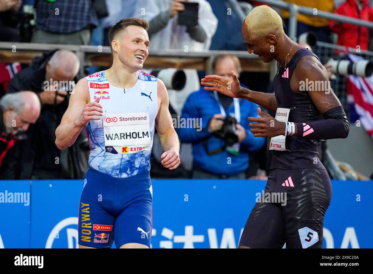 Oslo 20240530. Karsten Warholm and Alison Dos Santos from Brazil after ...