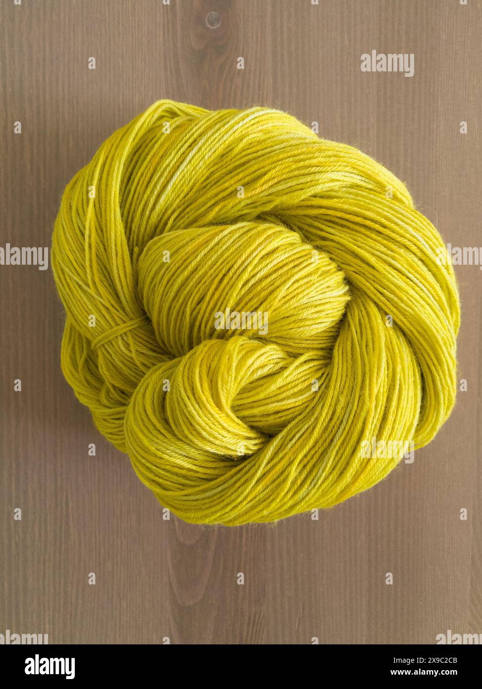Table top photo of one twisted yellow-green hand dyed yarn hank ...