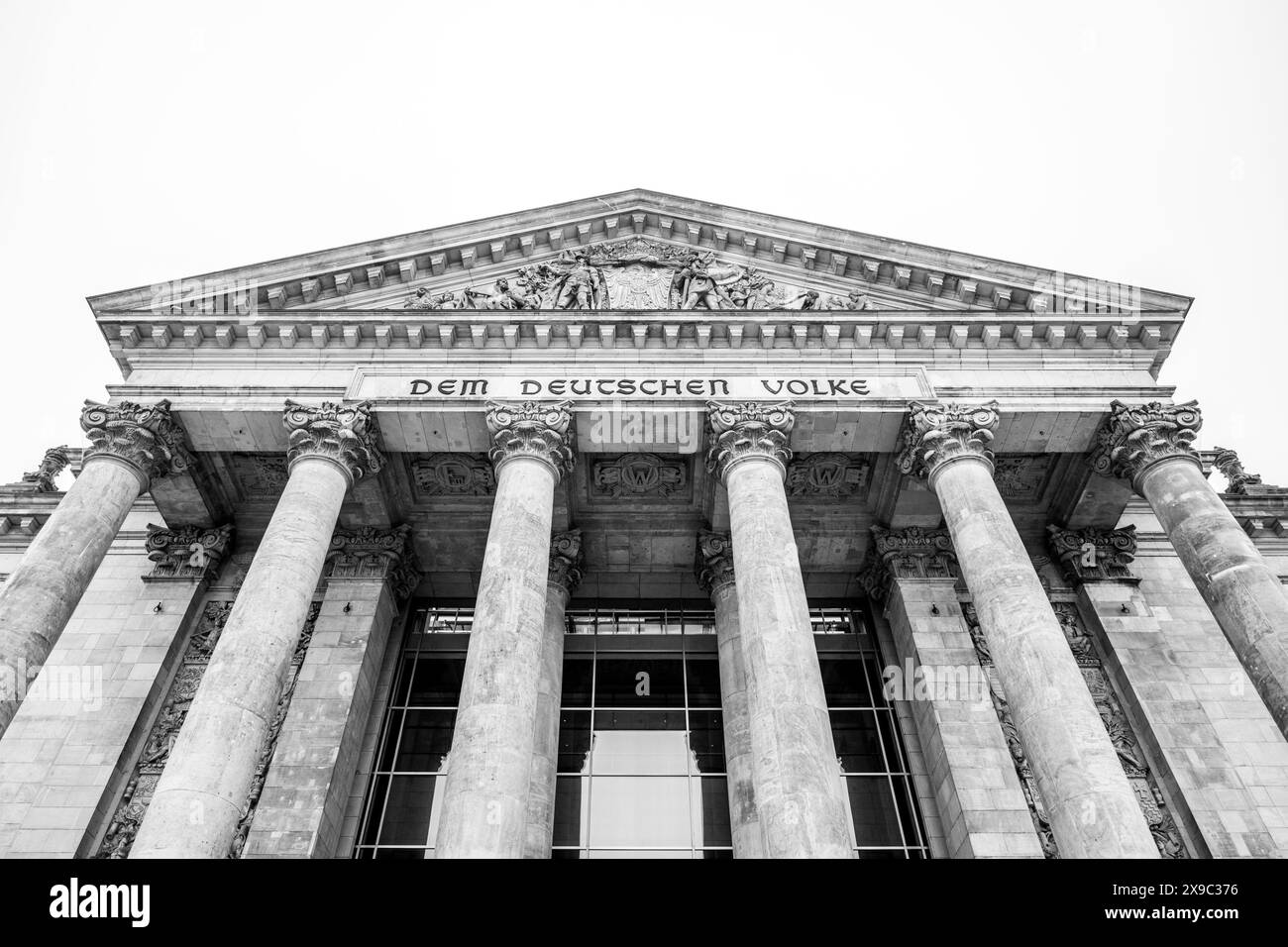 The monochrome facade of the Reichstag building, showcasing its iconic ...