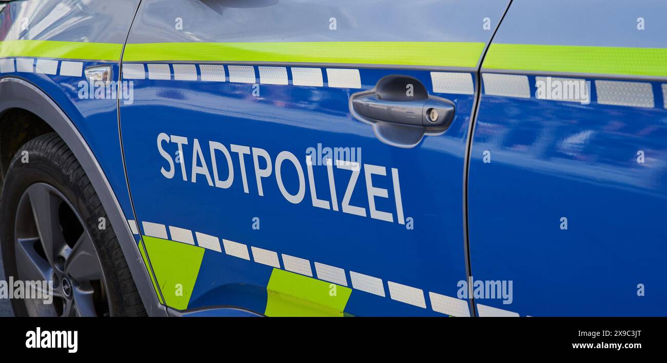 the word STADTPOLIZEI on a car of the city police in Frankfurt a. M ...