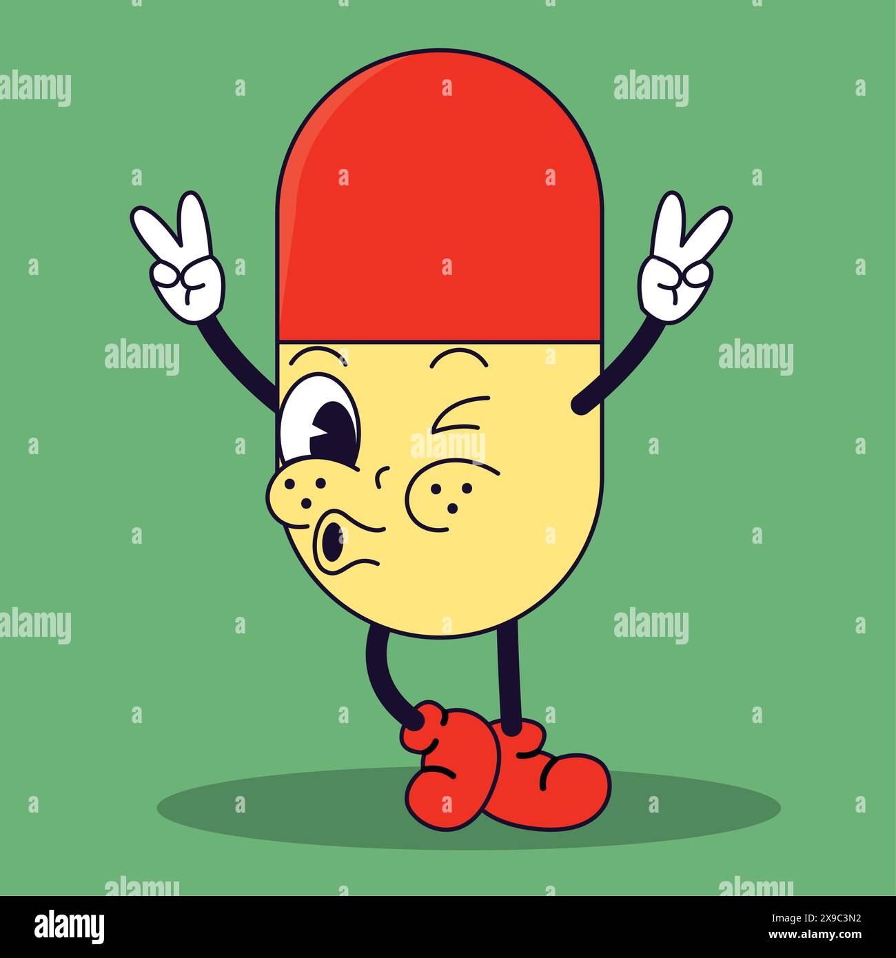 Pixel art cartoon capsule with arms and legs giving a peace sign Vector ...
