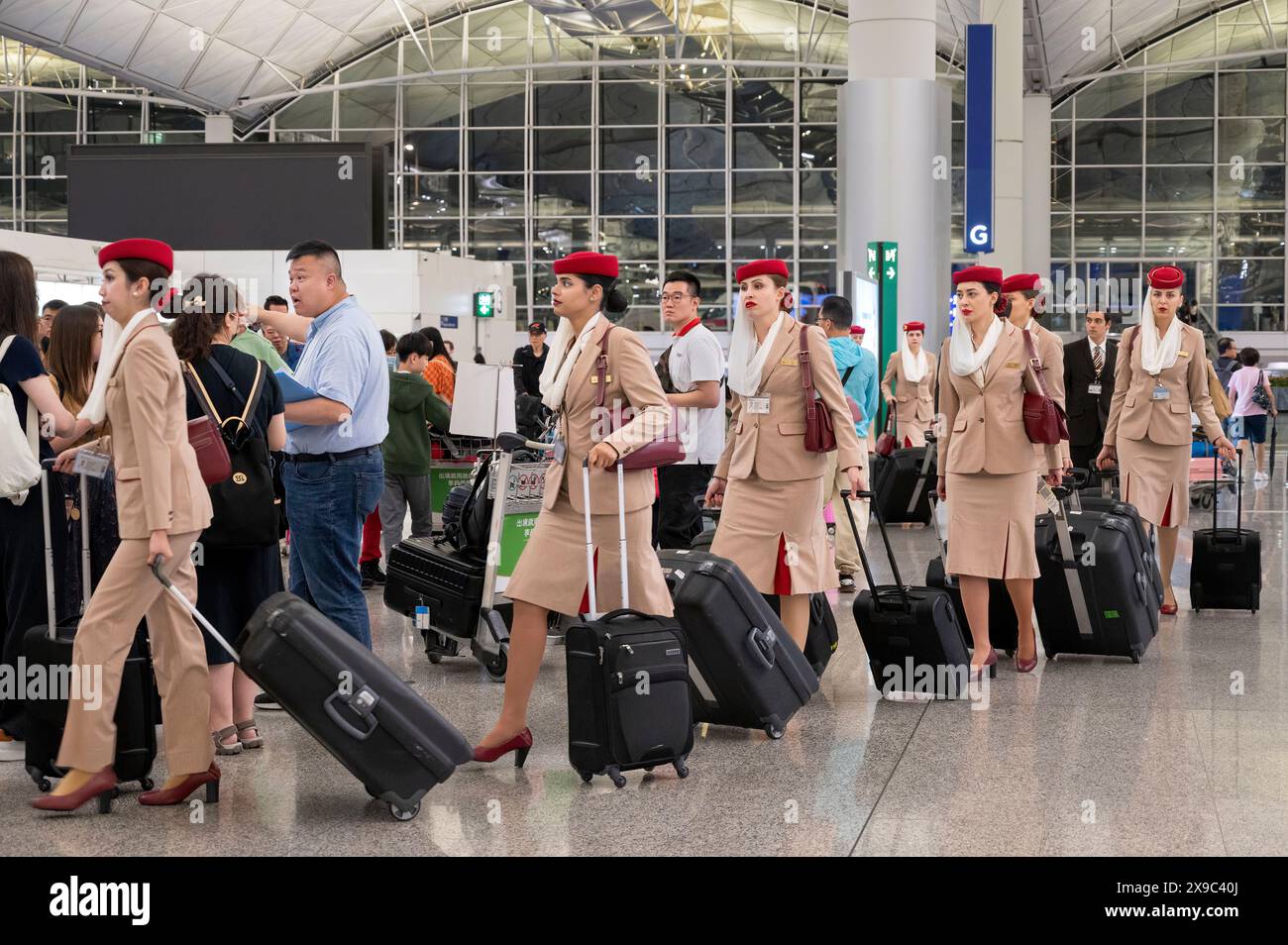 Female Emirates airline flight crew and staff arrive at the departure ...