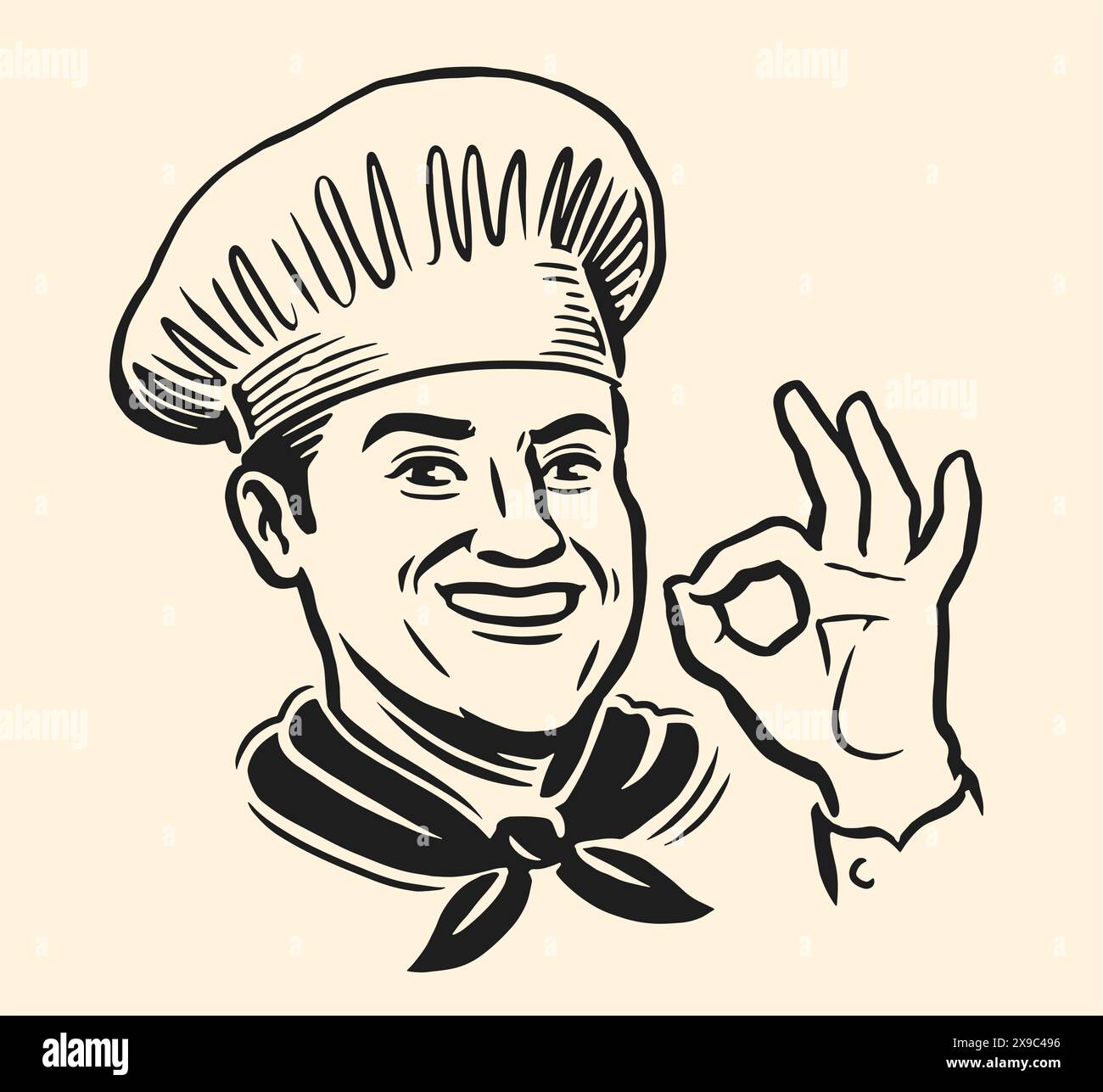 Happy chef in hat shows hand gesture ok. Hand drawn portrait of smiling ...