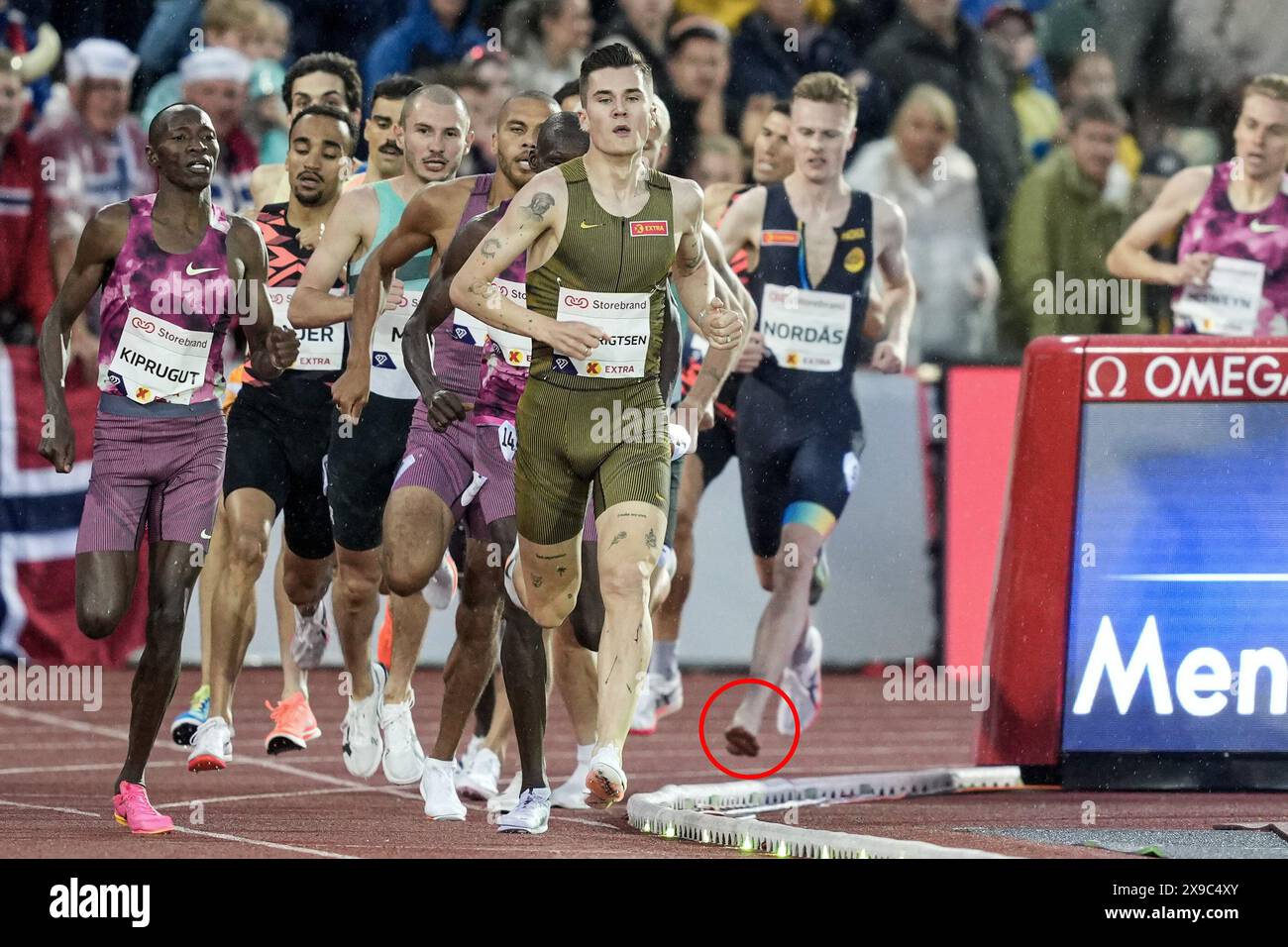 Oslo 20240530. Narve Gilje Nordaas lost a shoe during the 1500 meter ...