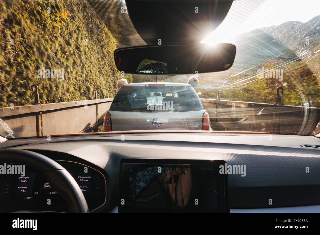 the view from inside a car traveling on mororail through the ...