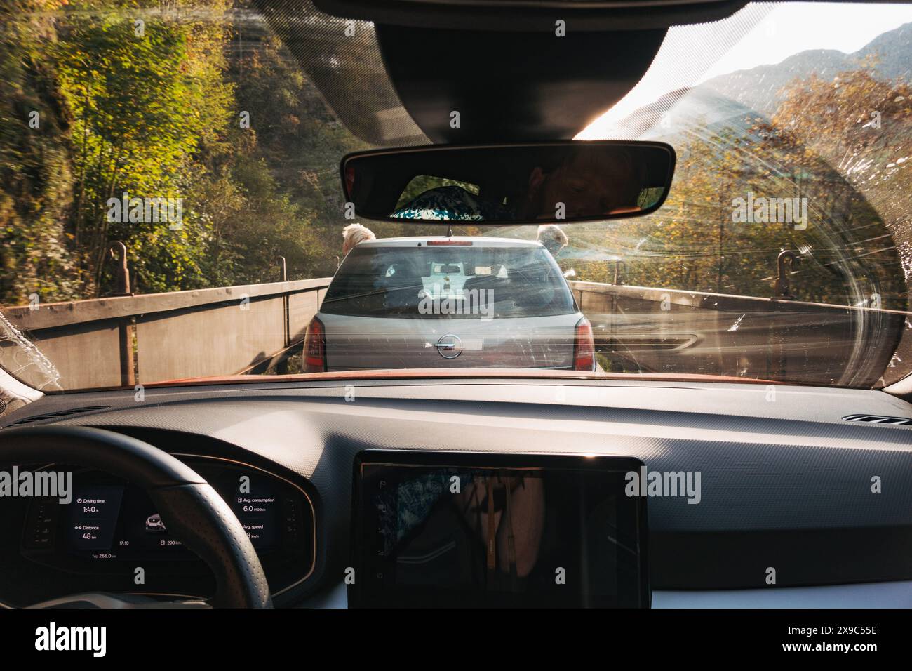 the view from inside a car traveling on mororail through the ...