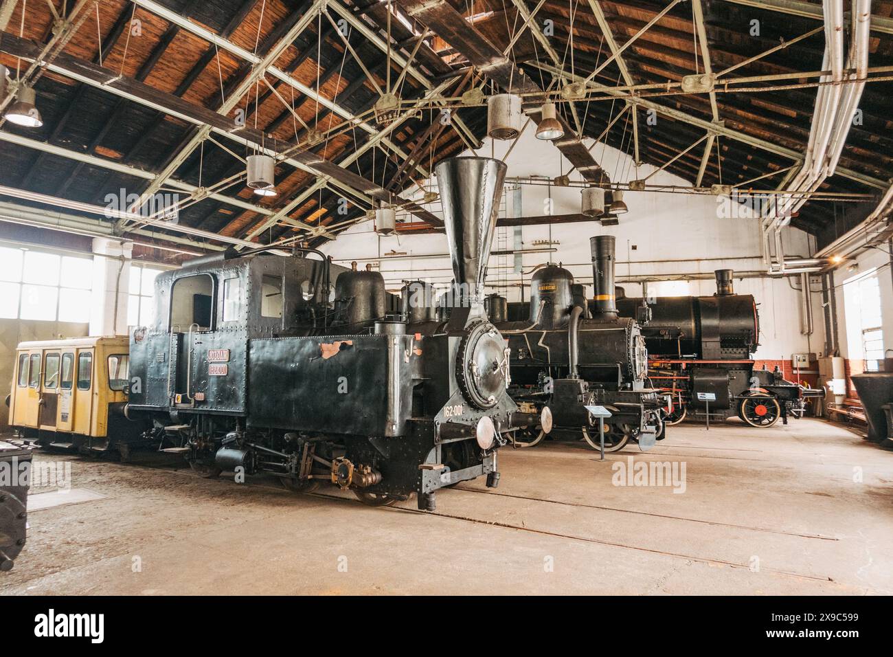 vintage steam locomotives on display in a shed at the Slovenian Railway ...