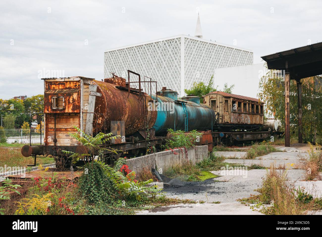 rusted, disused rail carriages and equipment at the Slovenian Railway ...