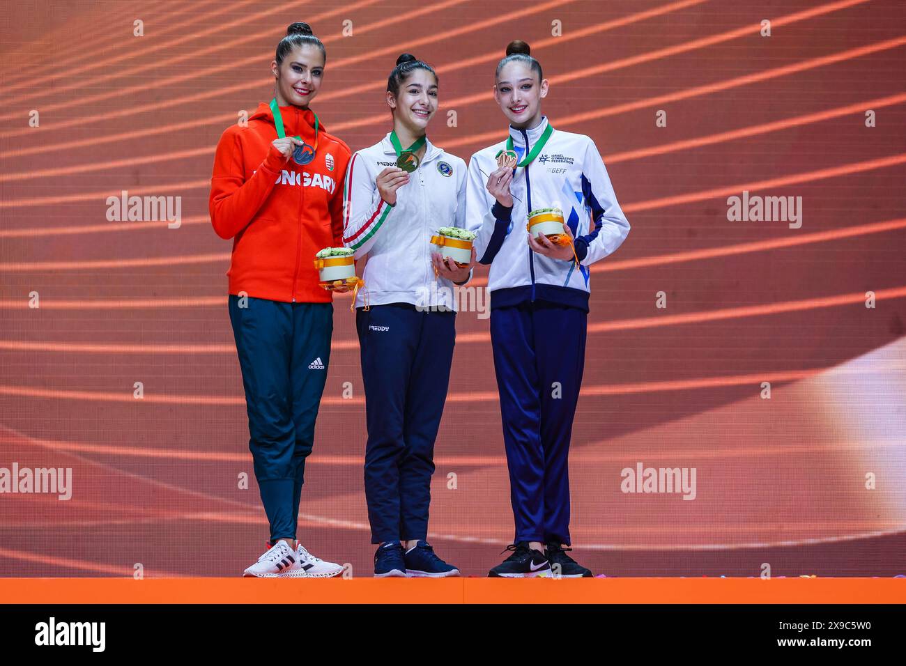 (L-R) Podium Finals Ball Senior with Fanni Pigniczki (HUN) silver medal ...