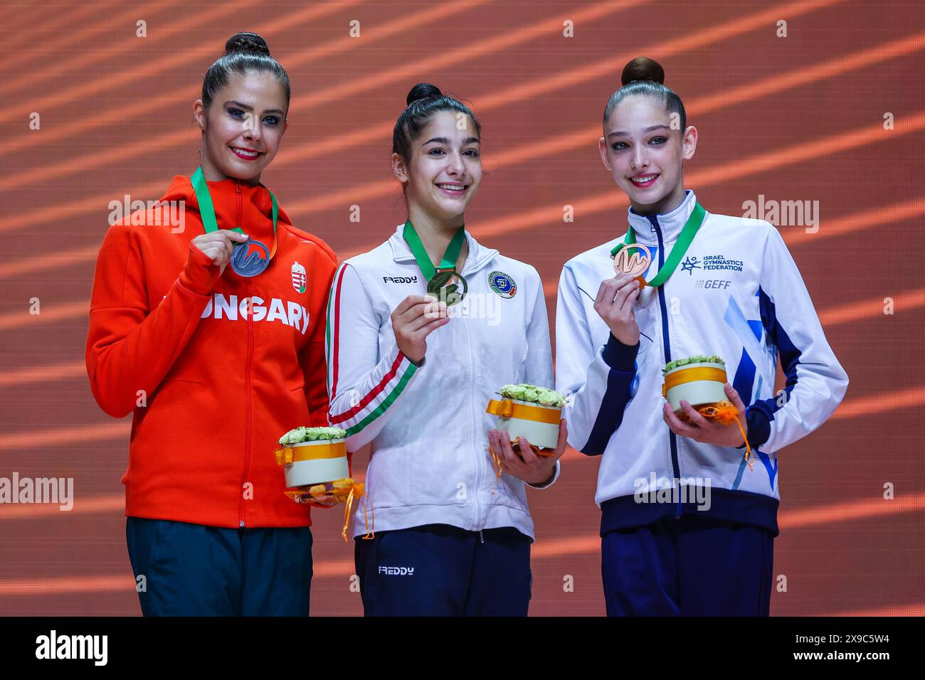 (L-R) Podium Finals Ball Senior with Fanni Pigniczki (HUN) silver medal ...