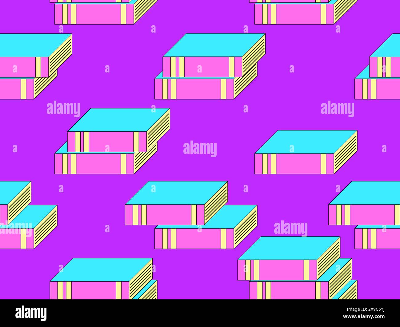 Stack of books seamless pattern in 80s style, pink and blue. Books with ...