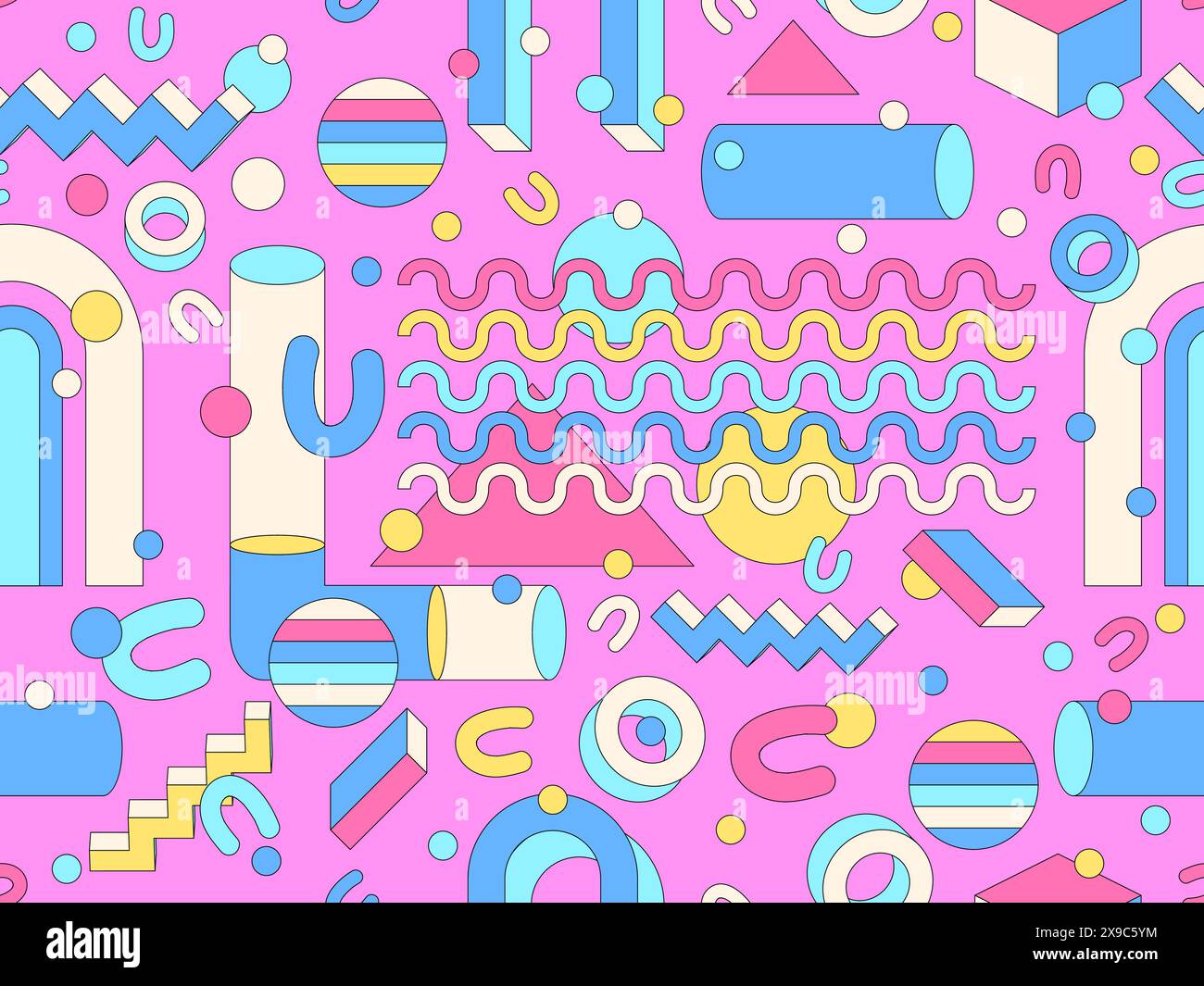 Memphis geometric seamless pattern with 3D shapes in 80s and 90s style ...