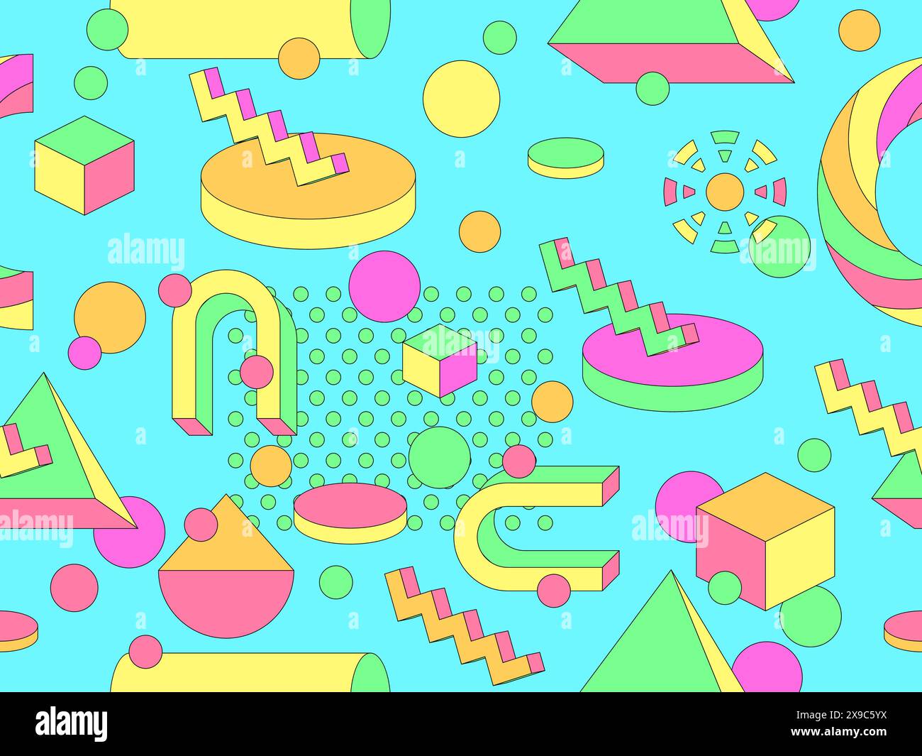 Memphis geometric seamless pattern with 3D shapes in 80s and 90s style ...