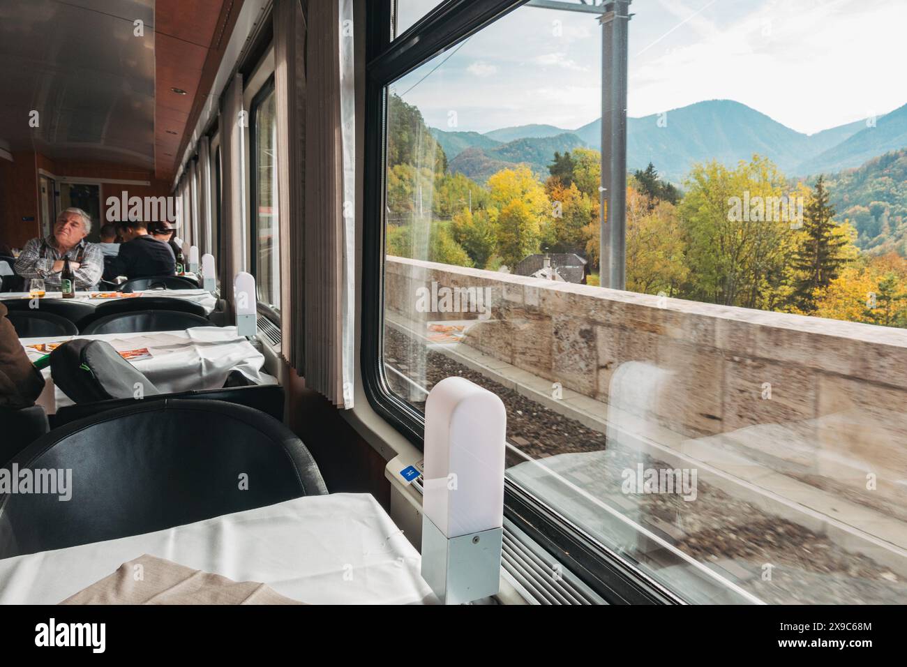 The dining car on an ÖBB Austrian Railways Eurocity train from Slovenia ...