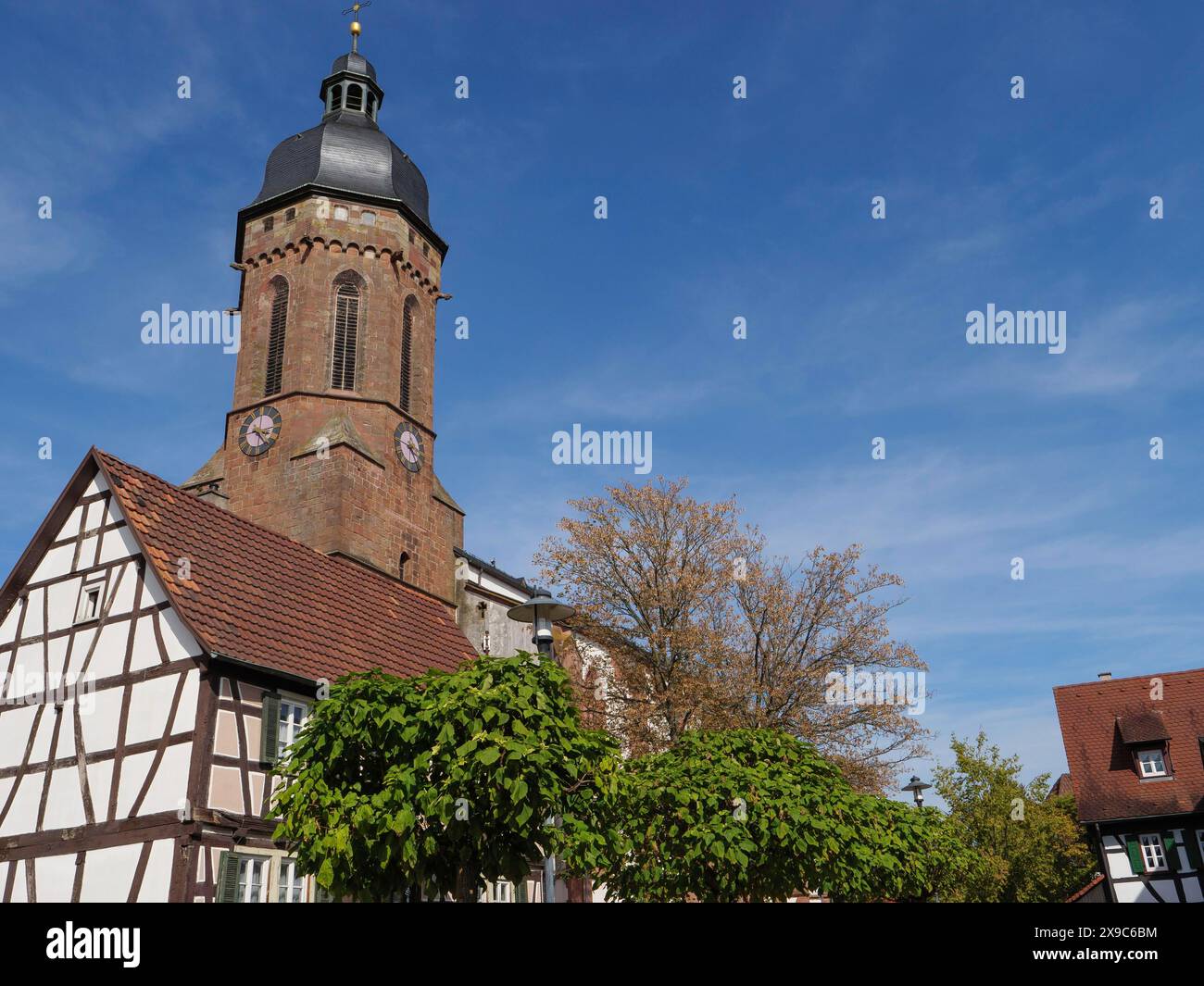 Traditional tower and half-timbered house surrounded by trees under a ...
