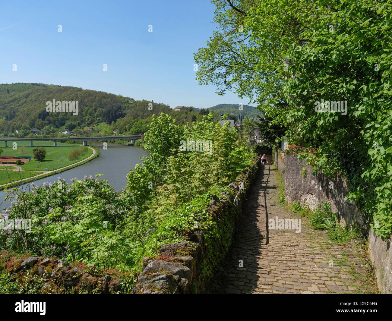 Natural path along a river with green foliage and a bridge in the ...