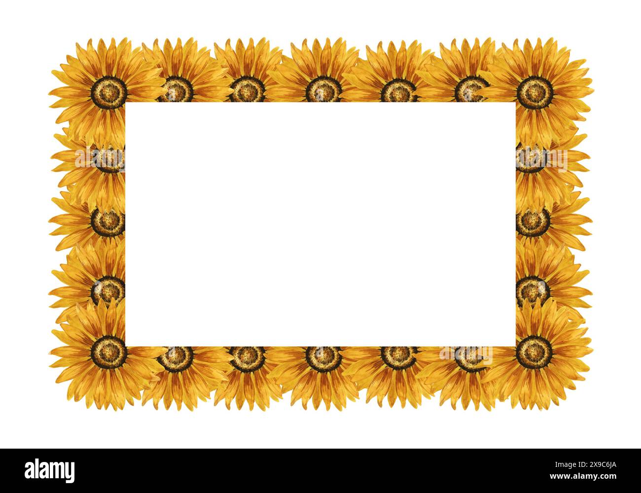 Watercolor sunflowers frame. Rectangular frame with yellow flowers ...