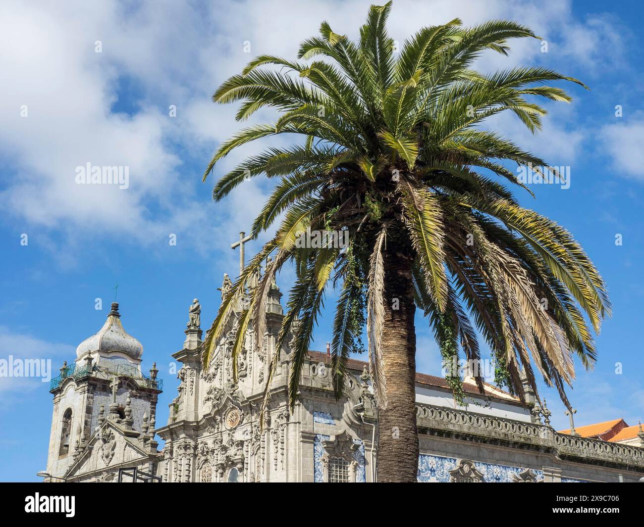 A large palm tree and a church with crosses and historical decorative ...