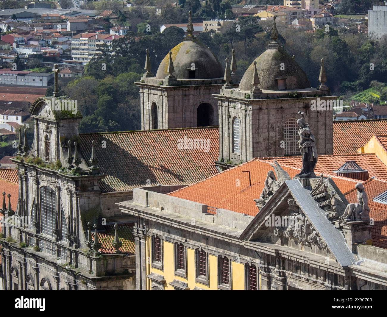 Close-up view of historic buildings with towers, detailed architectural ...