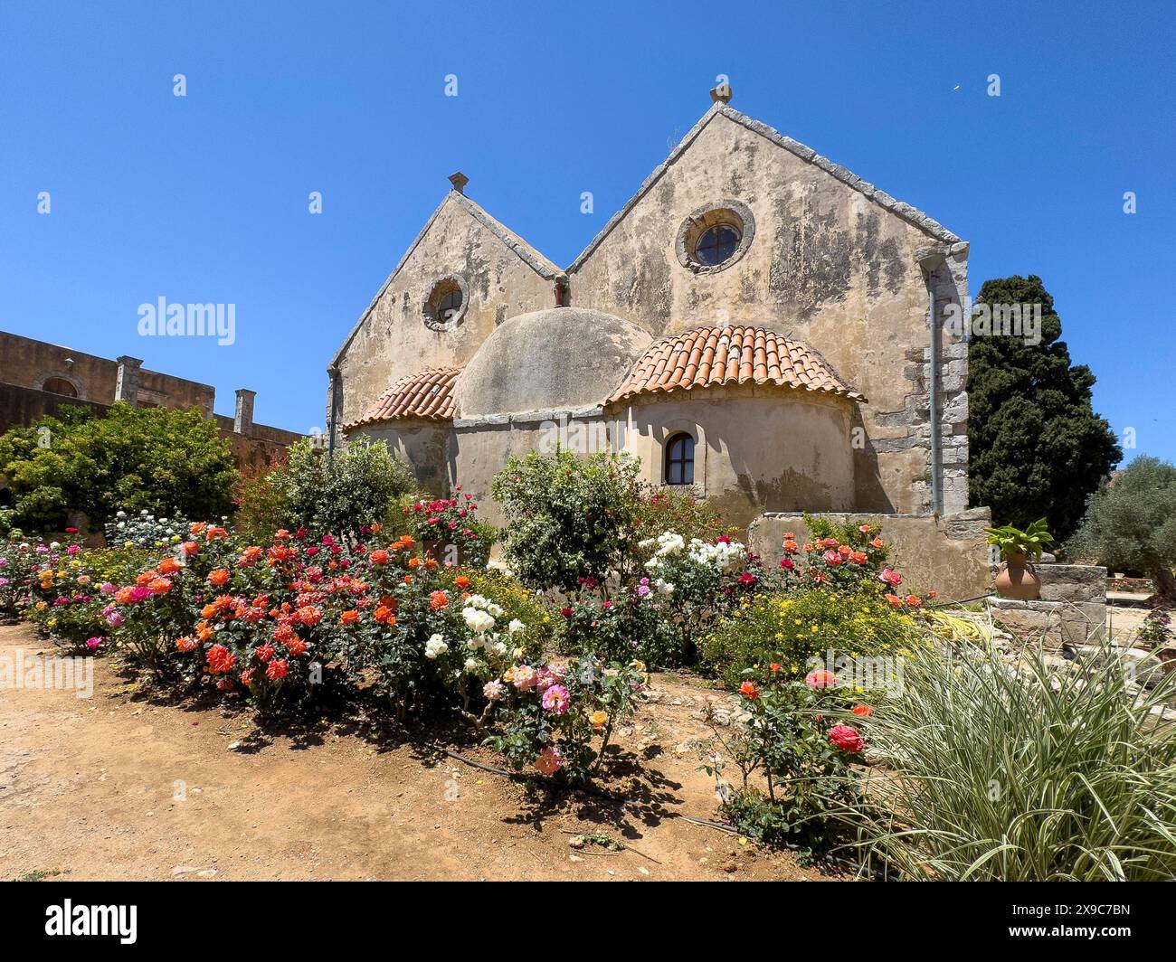 View of rear wall of double-aisled church building Church of Arkadi ...