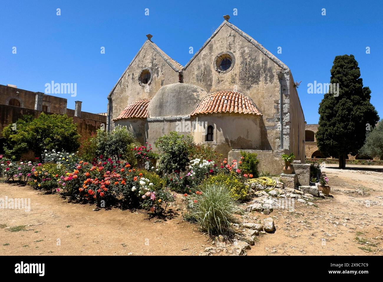 View of rear wall of double-aisled church building Church of Arkadi ...