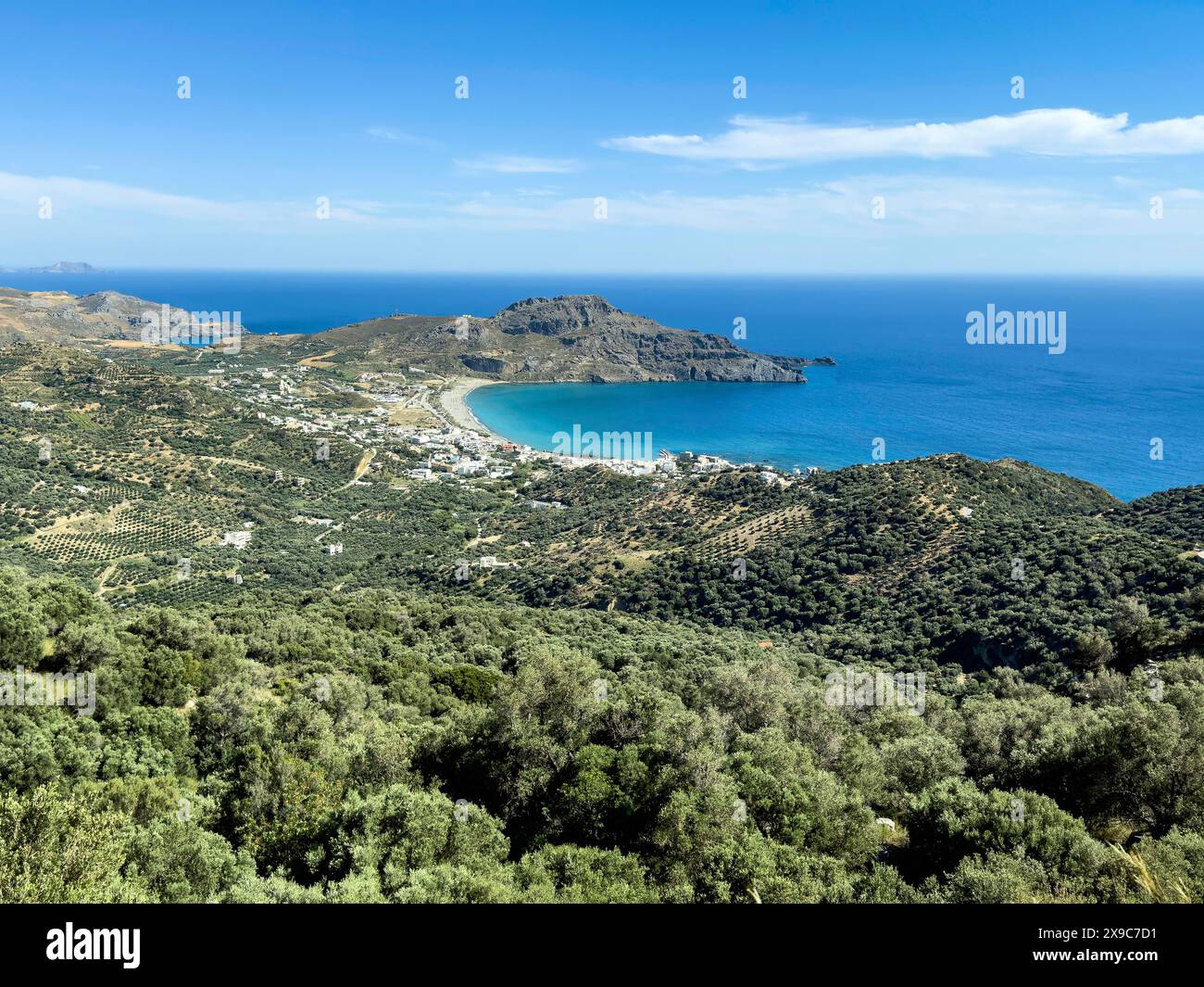 View from elevated position on landscape at south coast of island Crete ...