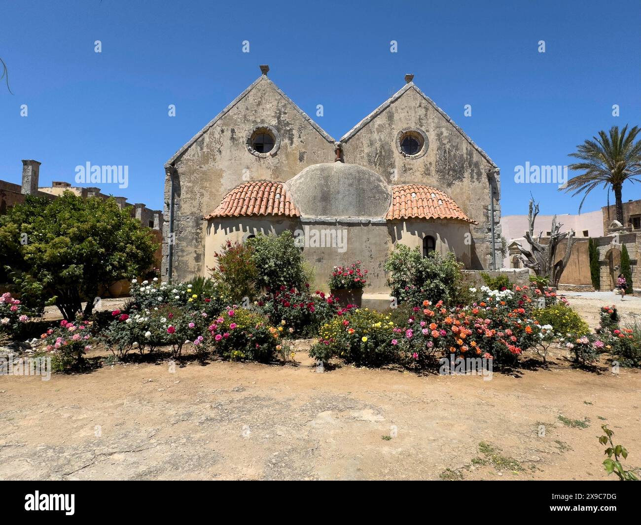 View of rear wall of double-aisled church building Church of Arkadi Monastery with double apse ...