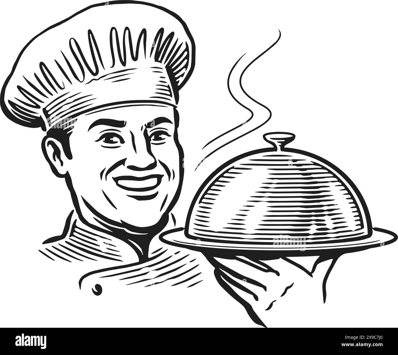 Male chef cook holding tray or cloche. Cooking, restaurant concept ...