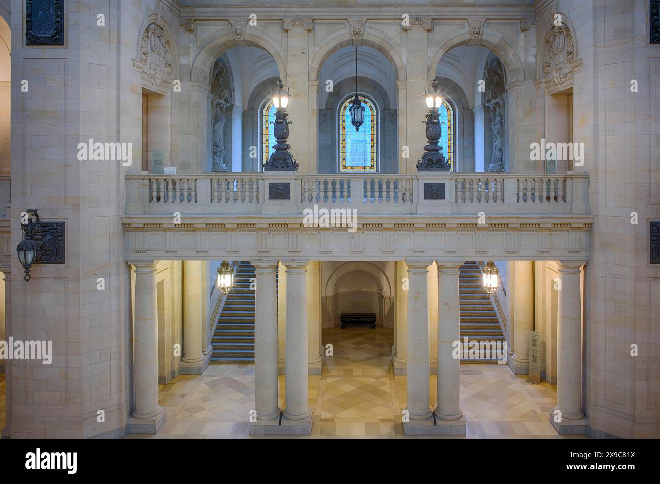 Interior view, main staircase to the gallery, with group of figures of ...