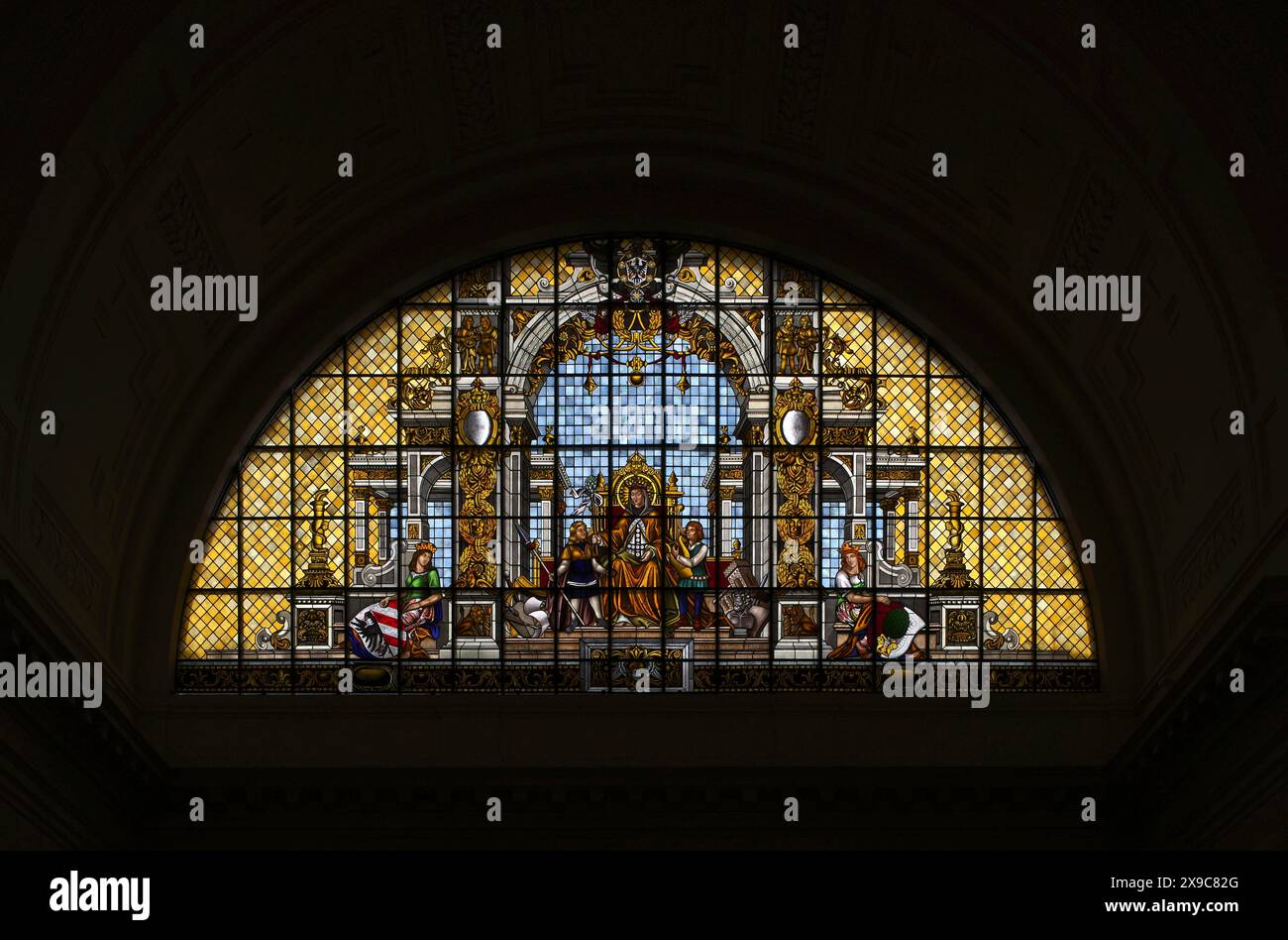 Interior view, semi-circular window, stained glass, symbol of arts and ...