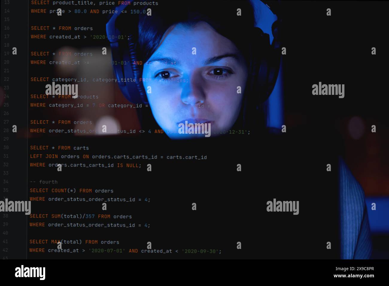 Girl works on a laptop at night, coding and creating project Stock ...