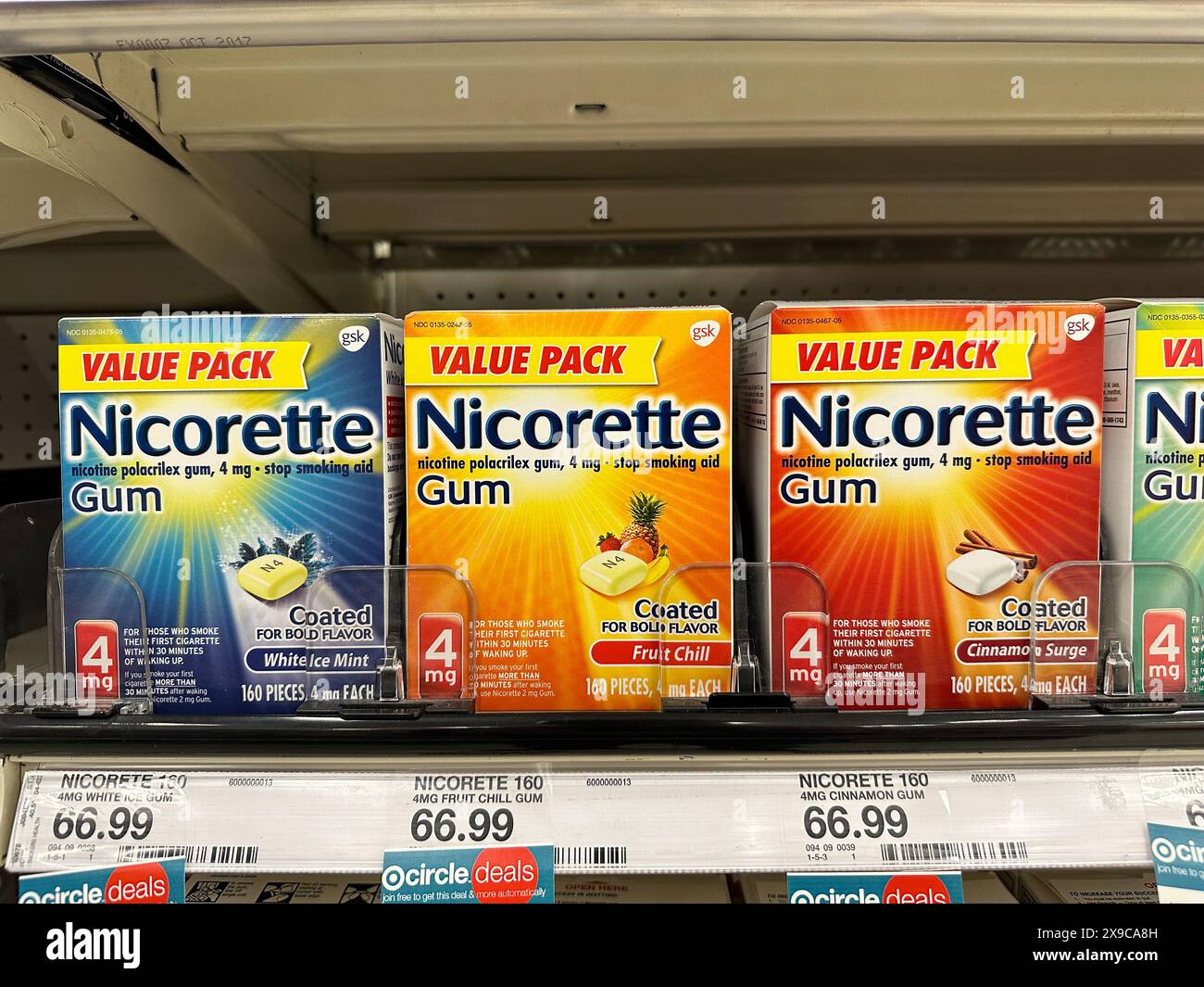Rows of Nicorette gum on display at a Target retail store in Michigan ...