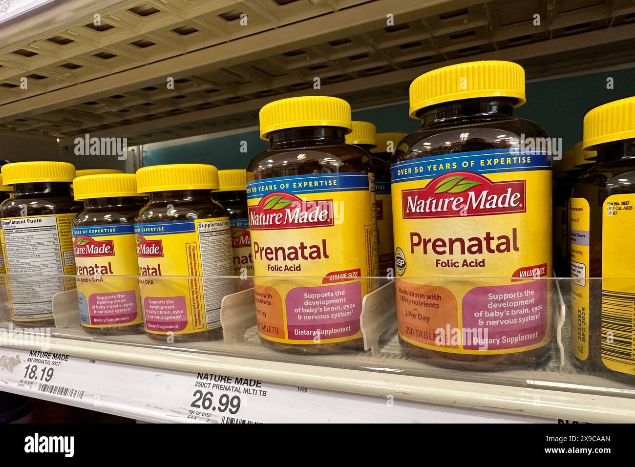 A view of several bottles of Nature Made prenatal vitamins on display ...