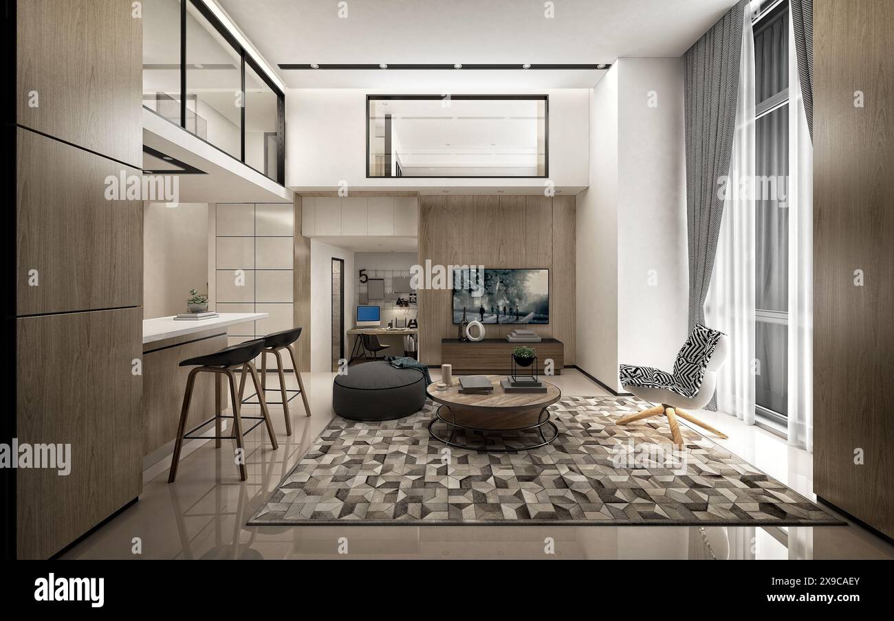 3d render of modern loft apartment Stock Photo - Alamy