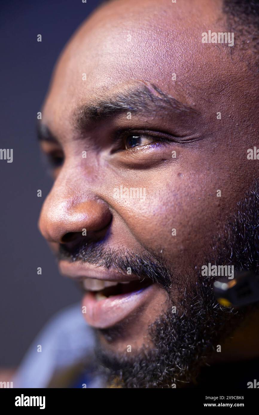 Ecstatic african american gamer having fun in gaming room, playing ...