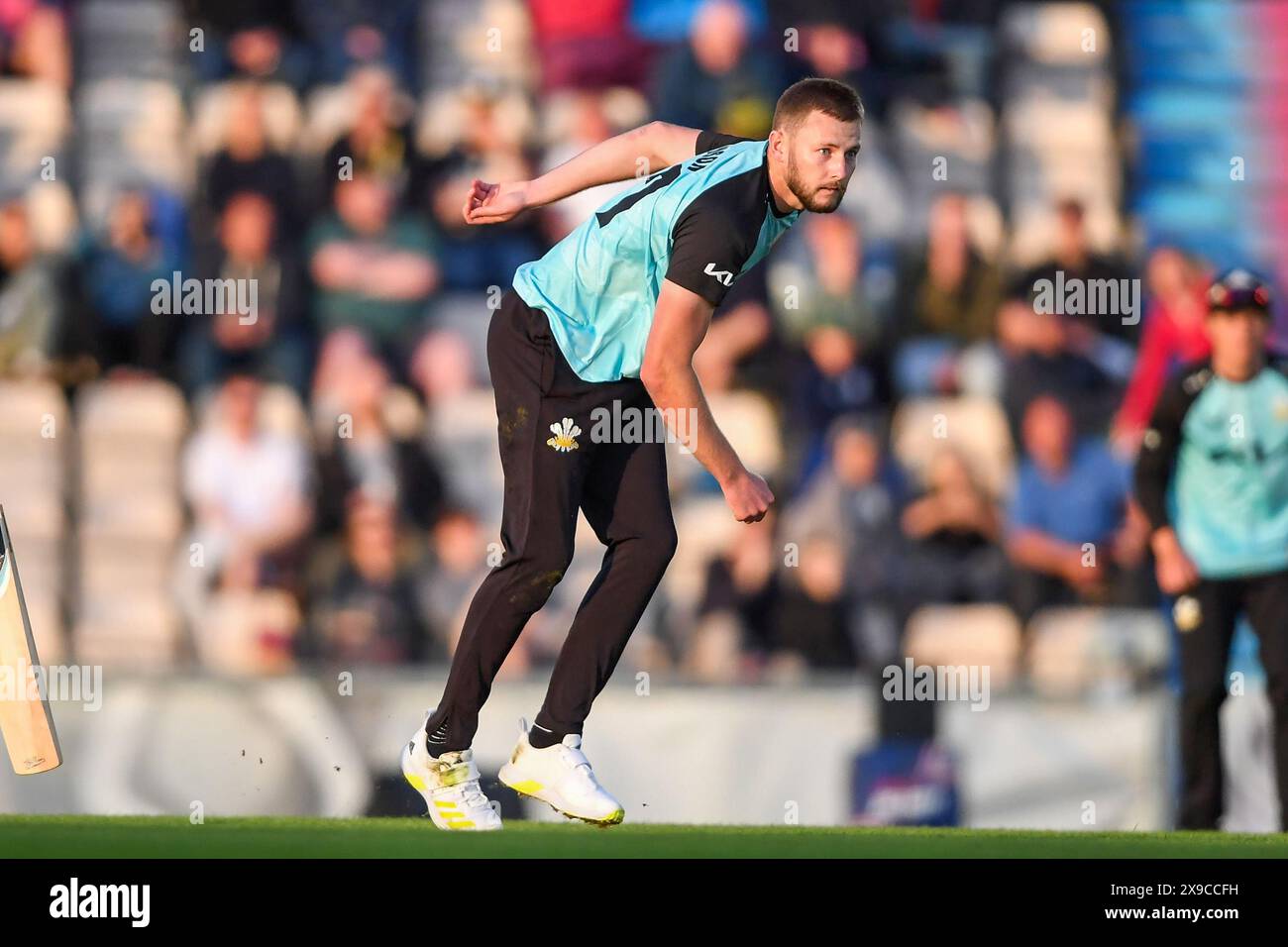 Southampton, UK. 30 May 2024. Gus Atkinson of Surrey bowling during the ...