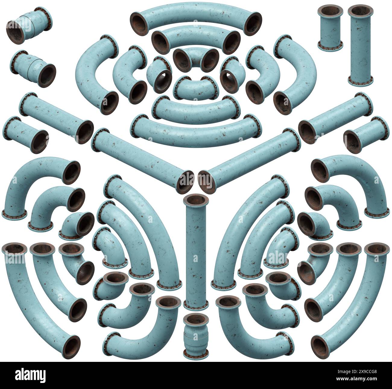 3d render illustration of a set of pipes. Straight and curved sections ...