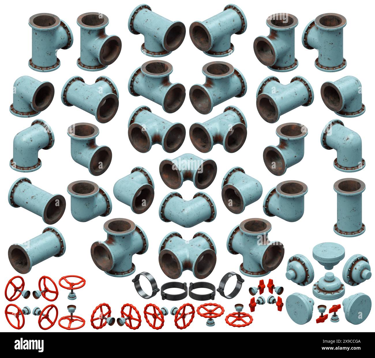 3d render illustration of a set of pipes. Straight, branches, valves ...