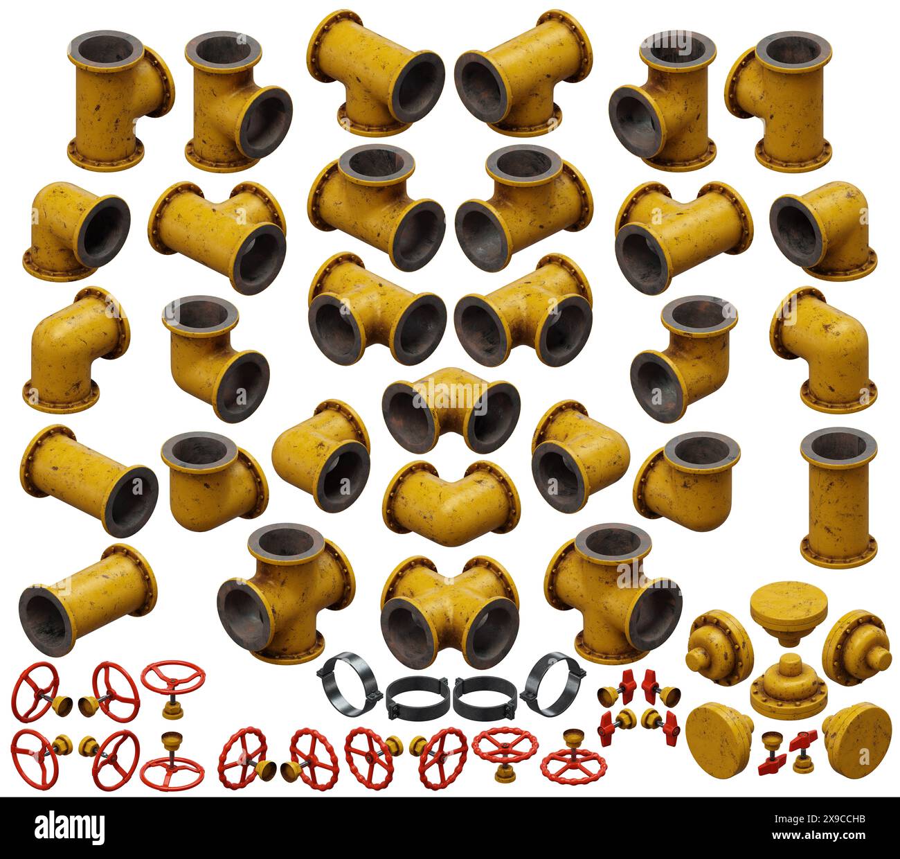 3d render illustration of a set of pipes. Straight, branches, valves ...