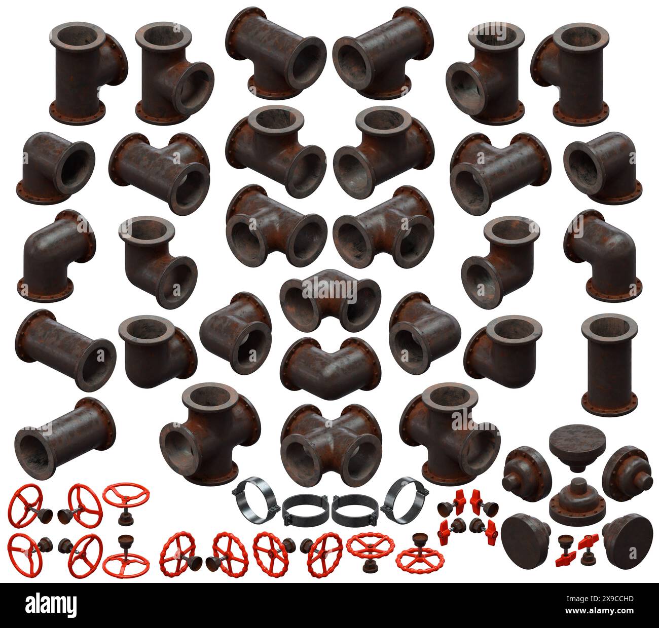 3d render illustration of a set of pipes. Straight, branches, valves ...