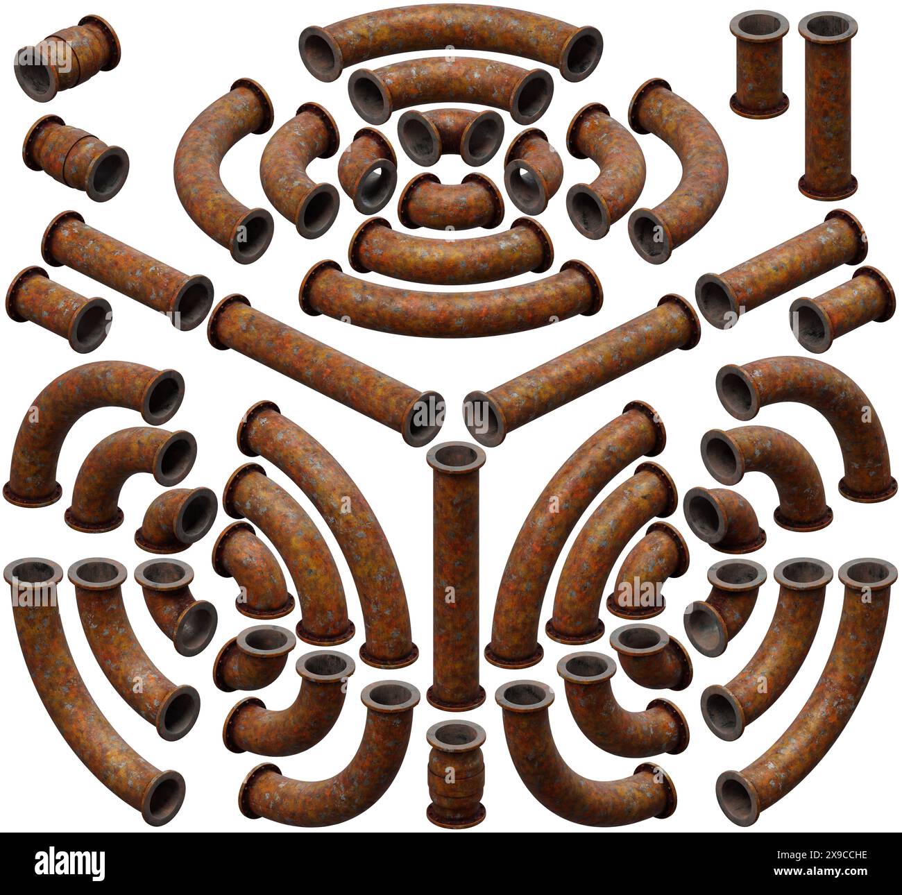 3d render illustration of a set of pipes. Straight and curved sections ...
