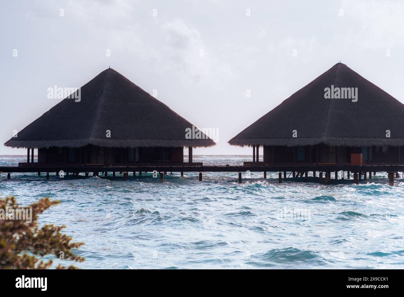 Two traditional overwater bungalows with thatched roofs situated on ...