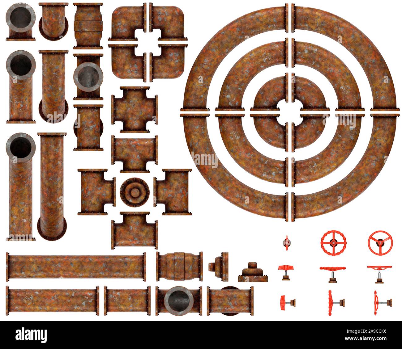 3d render illustration of a set of pipes. Game asset pack. Many ...