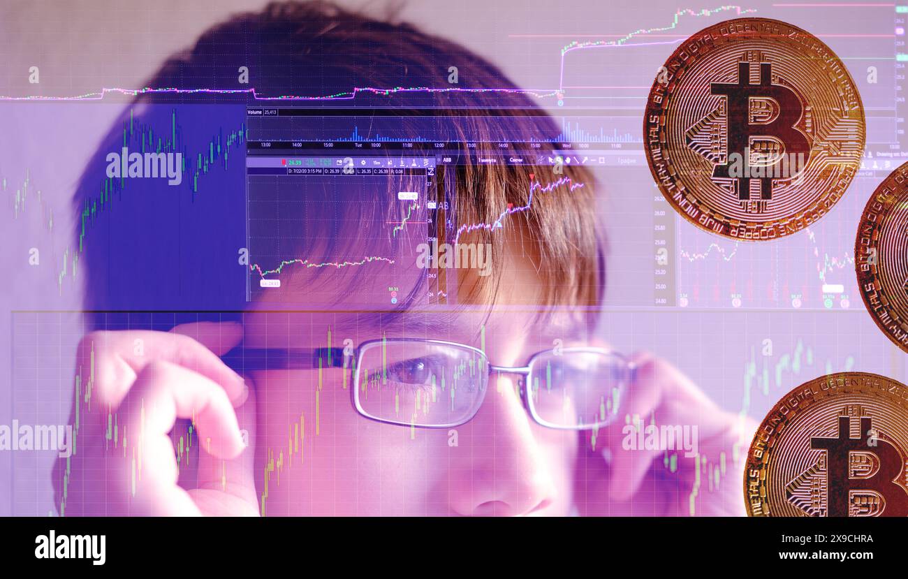 Intelligent 12-year-old child, boy wearing glasses intently studies ...