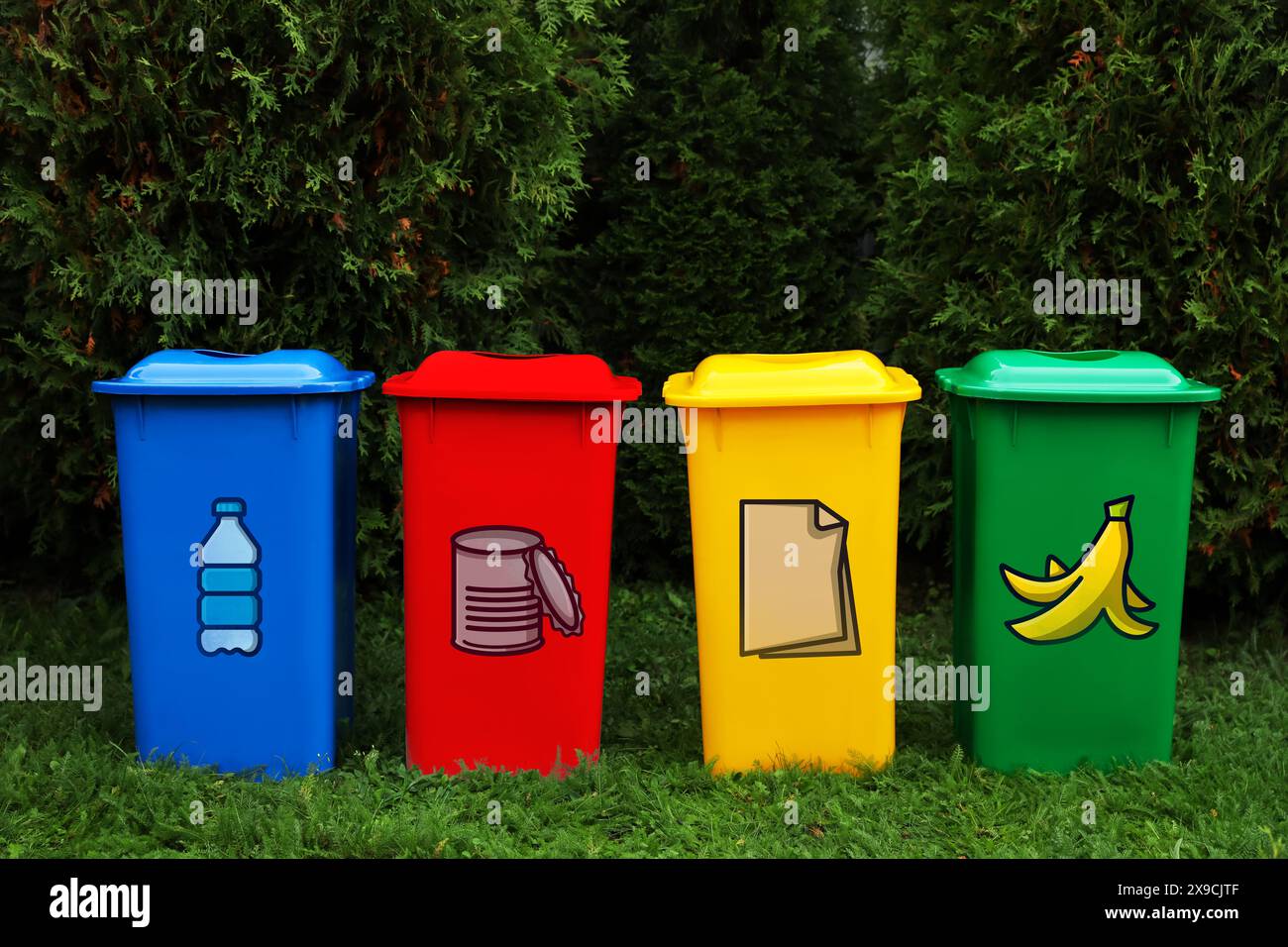 Waste sorting. Recycling bins with illustrations of different garbage ...